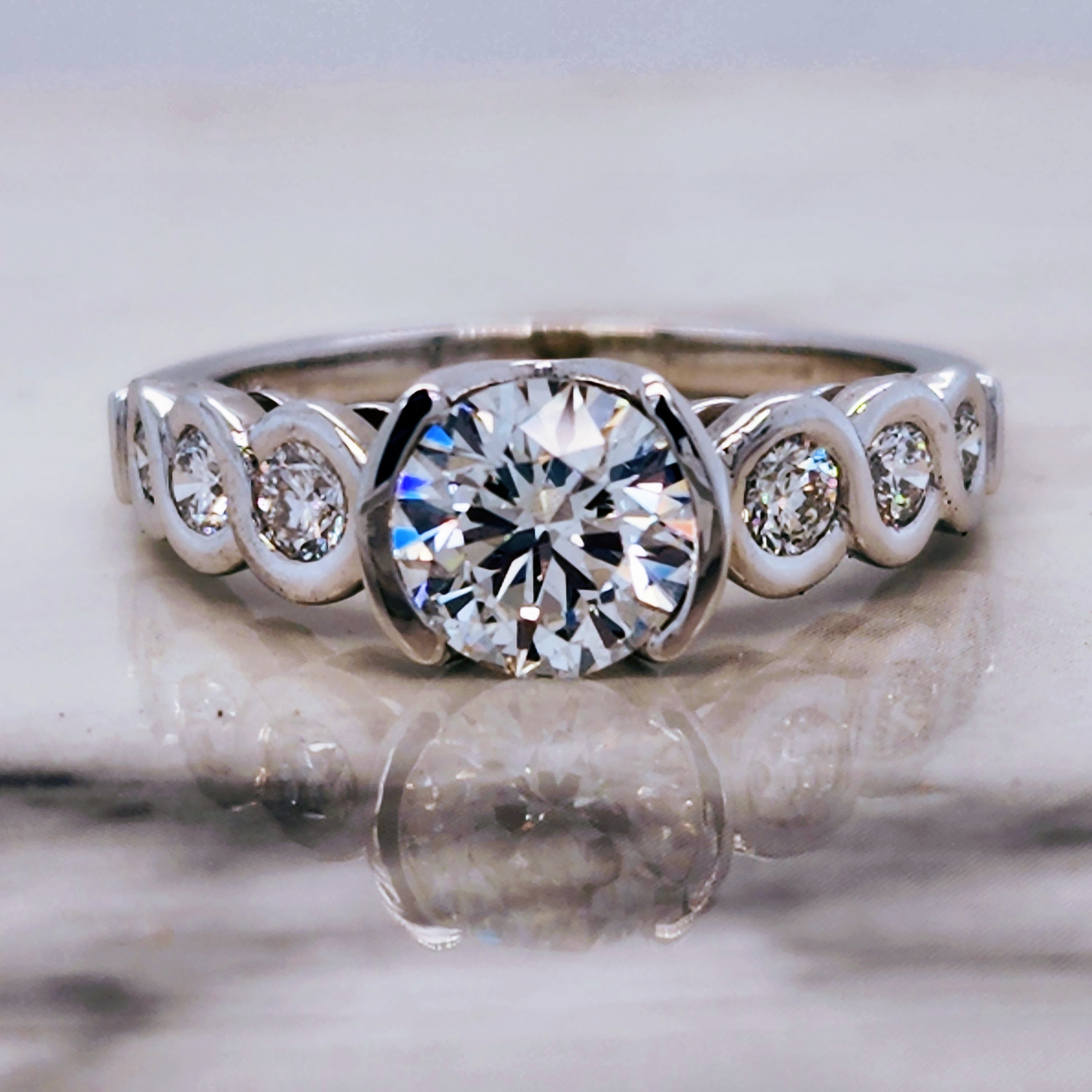 White Gold Engagement Ring With Round Half Bezel Diamond Center and Be ...