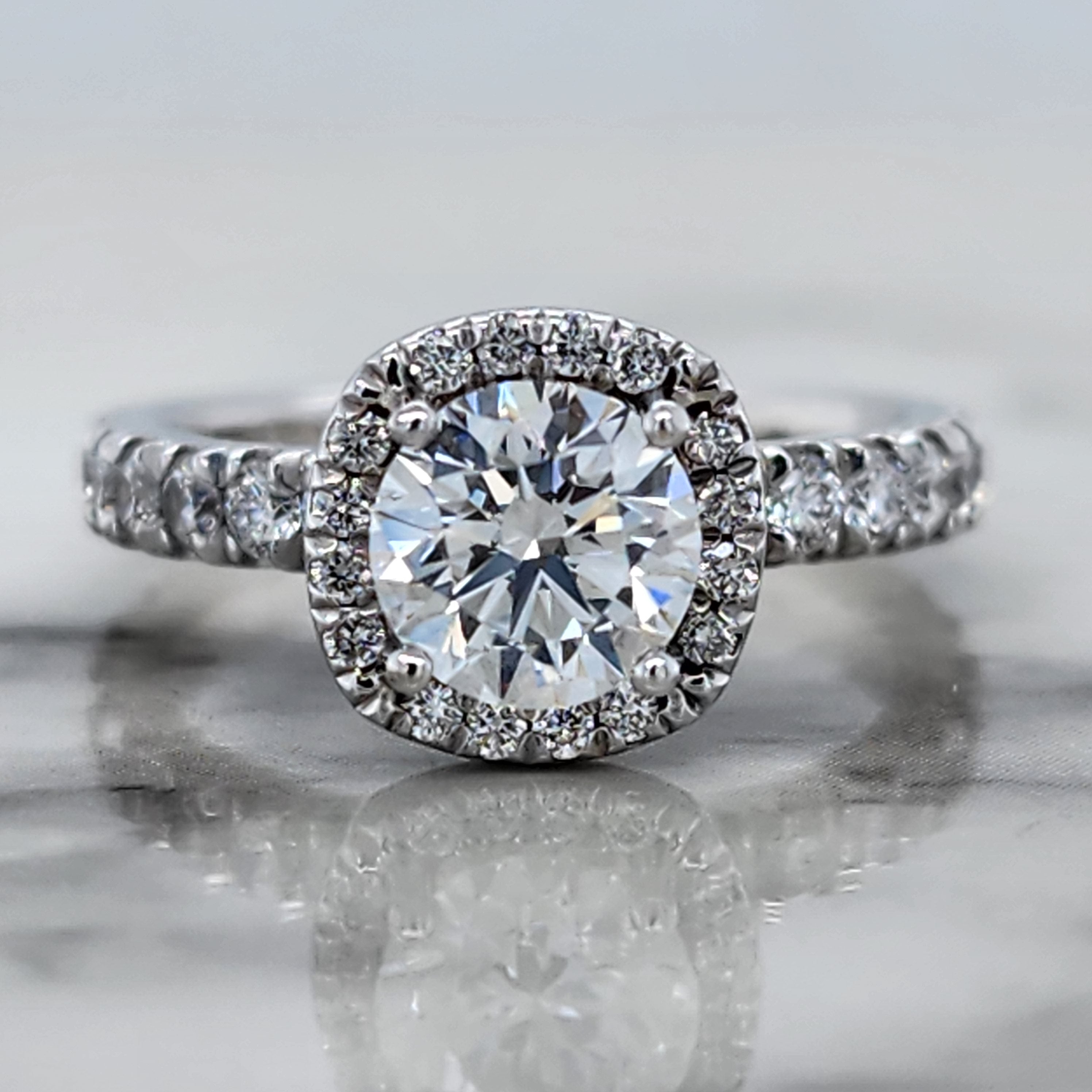 White Gold Engagement Ring With Round Center, Cushion Halo and Round A ...