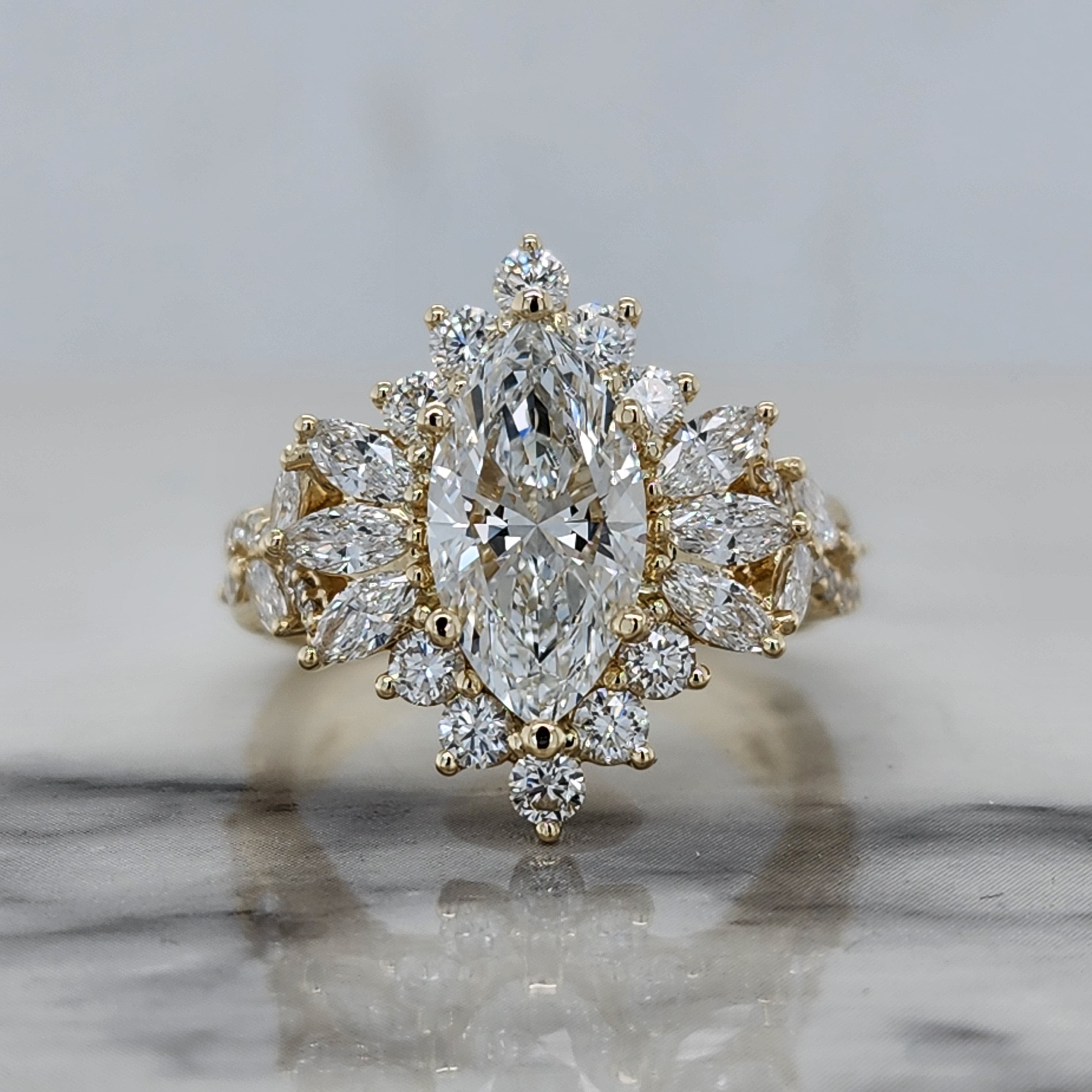 Custom Yellow gold marquise engagement ring with unique halo – Athens ...